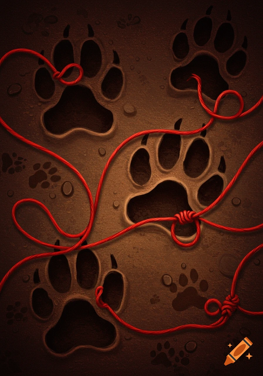 Textured brown surface with large paw prints indented and red string ...