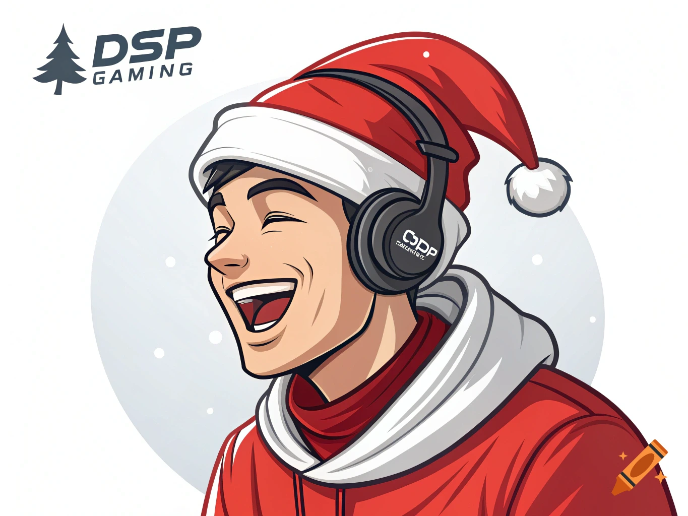 Cartoon man in Santa hat and headphones laughing, DSP Gaming logo on ...