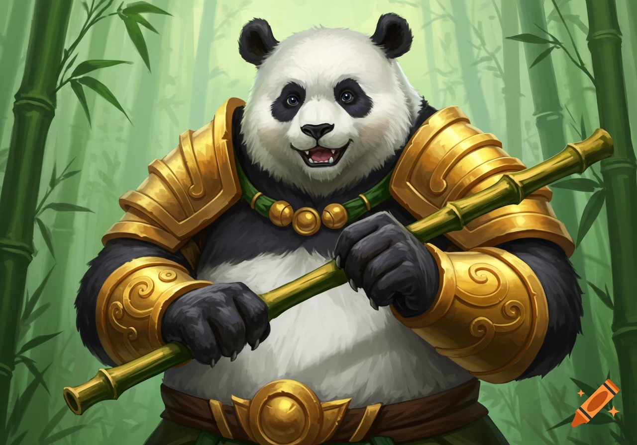Cartoon panda warrior in golden armor holding a bamboo staff in a ...