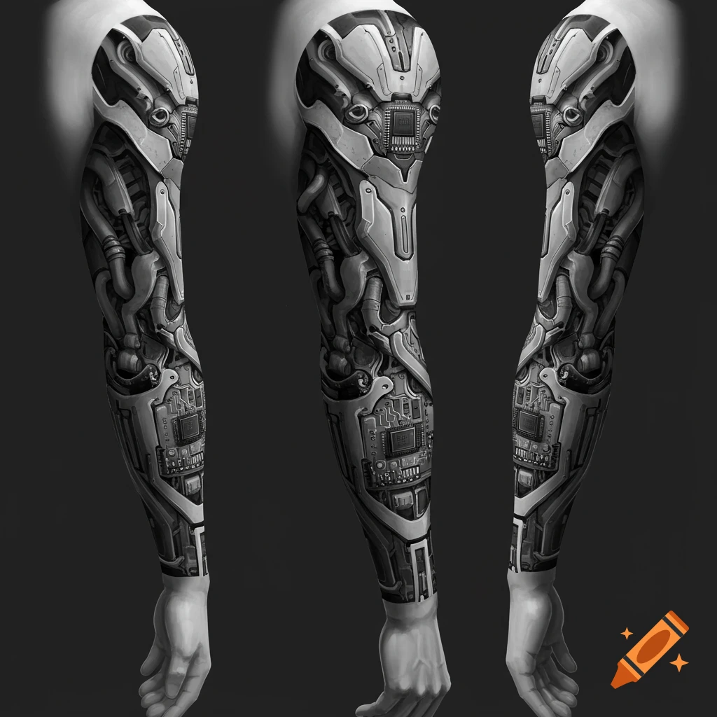 Black and white design for a robotic cyborg arm sleeve tattoo with ...