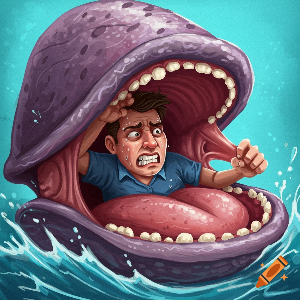 Cartoon illustration of a man struggling inside a giant purple mouth in ...