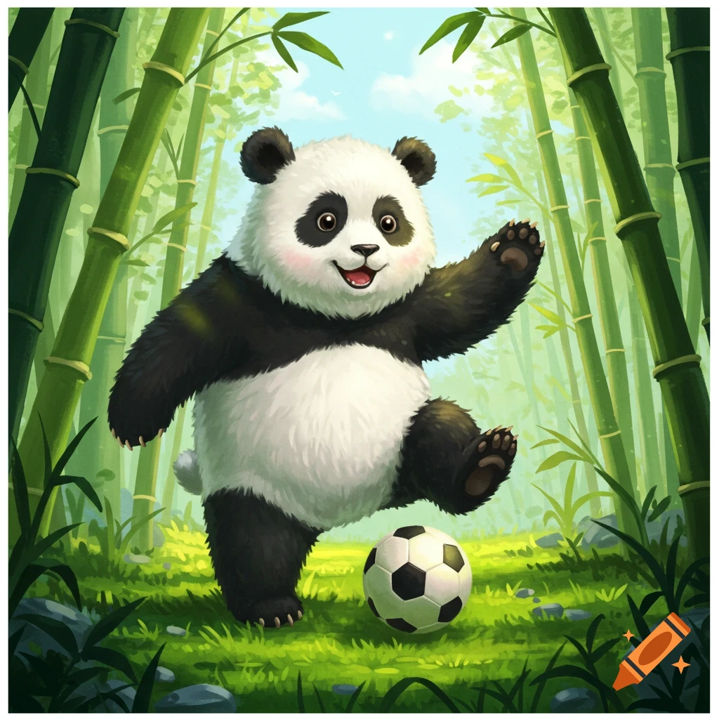 A cute cartoon panda plays soccer in a bamboo forest, kicking the ball with its foot. on Craiyon