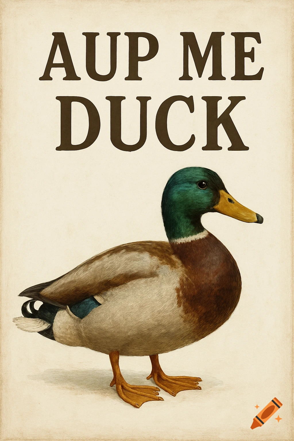 Poster with illustration of a mallard duck and the words AUP ME DUCK on ...