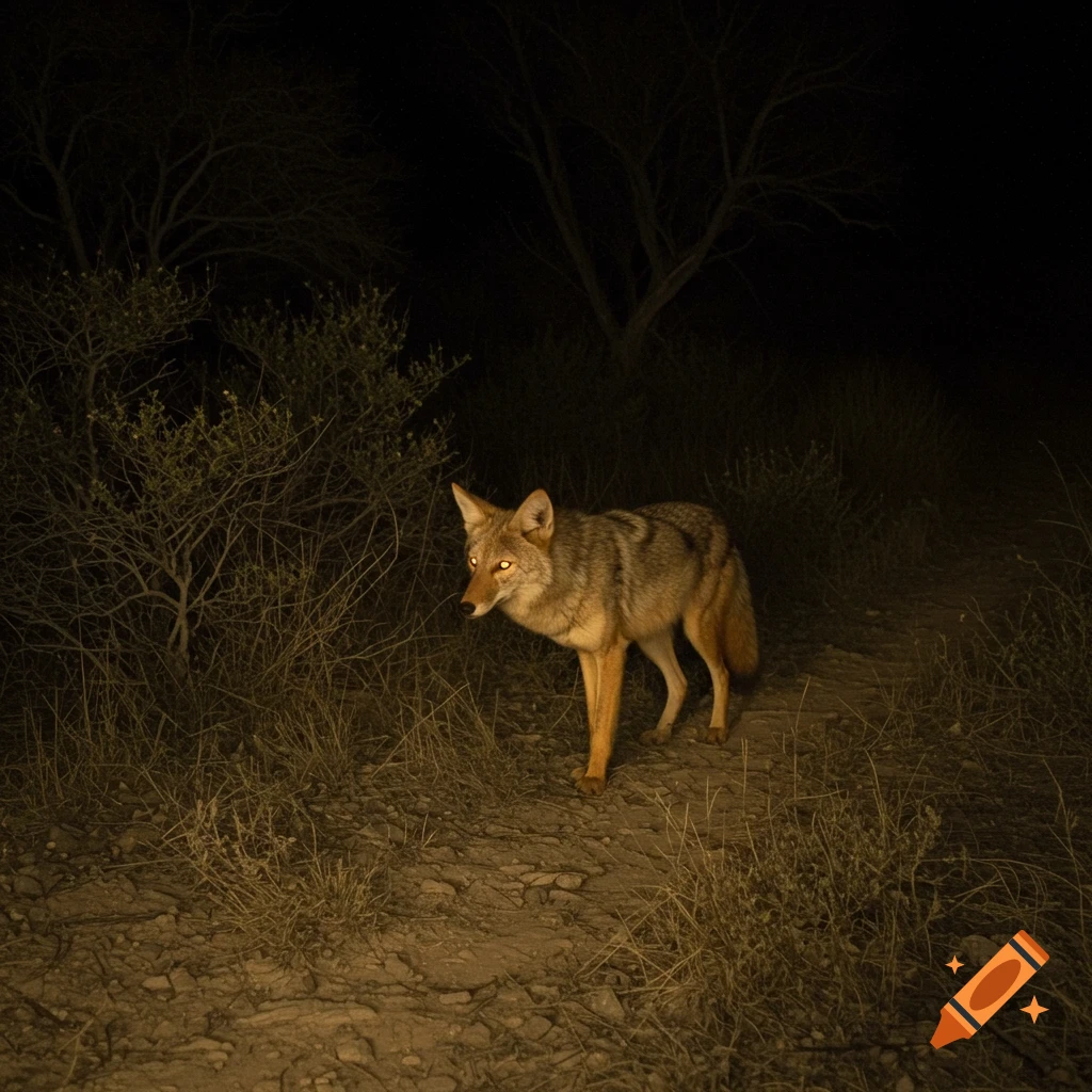 Coyote standing in brush at night with glowing eyes on Craiyon