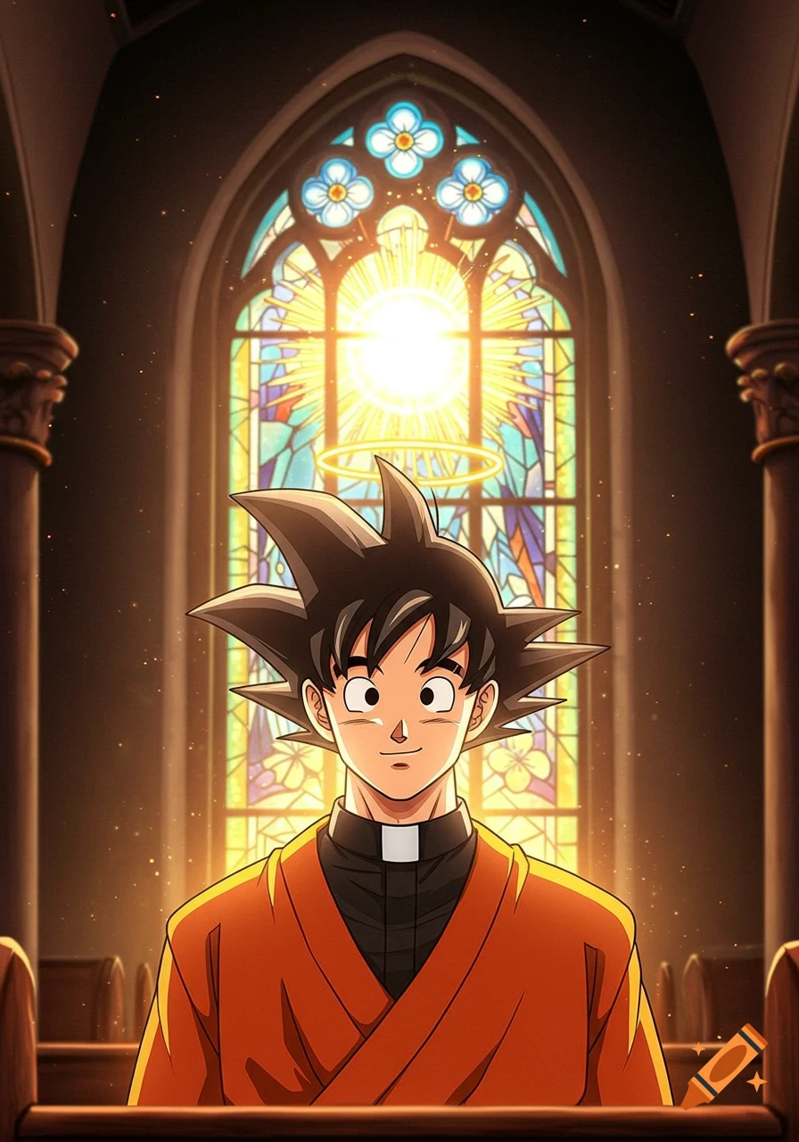 Goku from Dragon Ball Z dressed as a priest in a church with a stained ...
