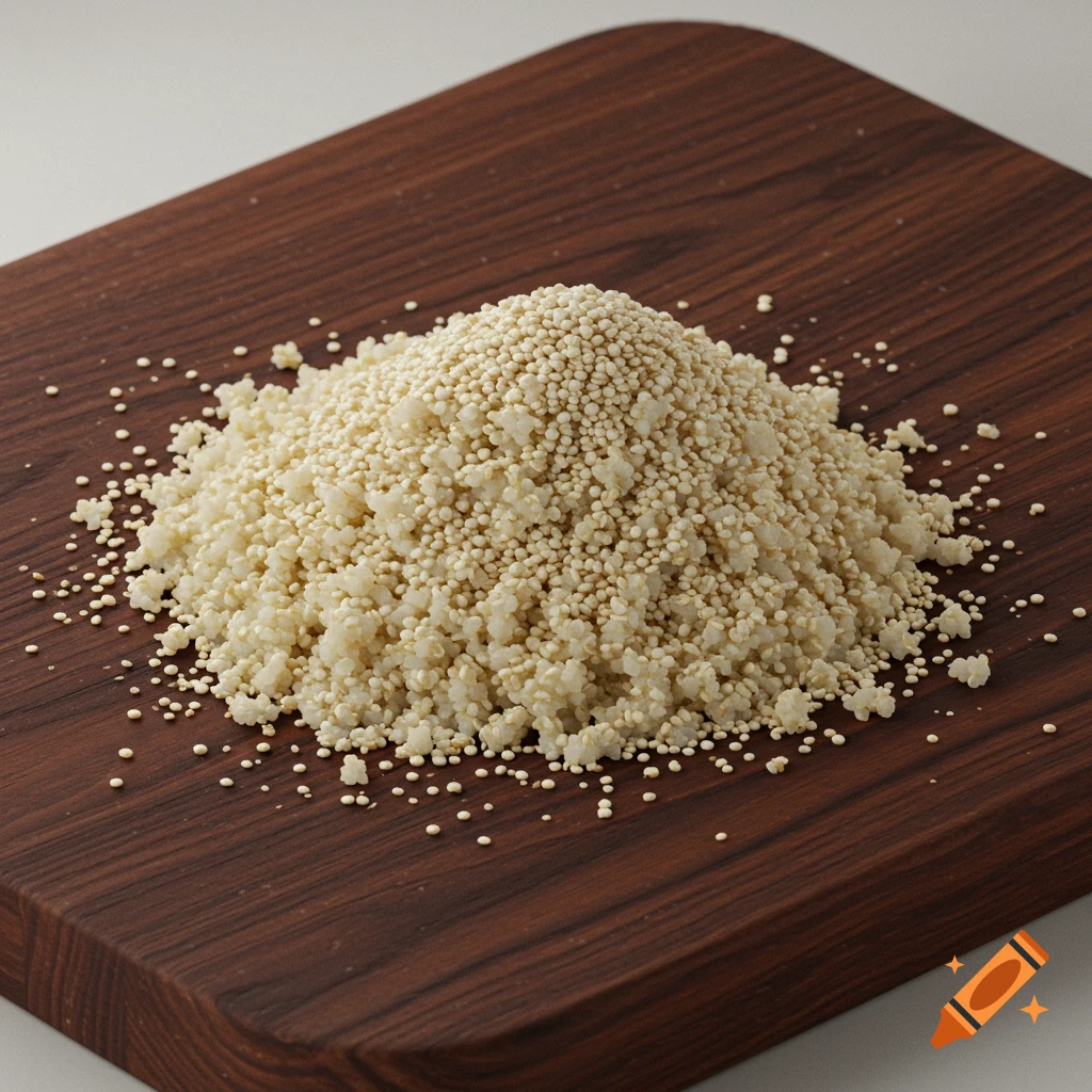 A pile of white quinoa on a dark brown cutting board. on Craiyon