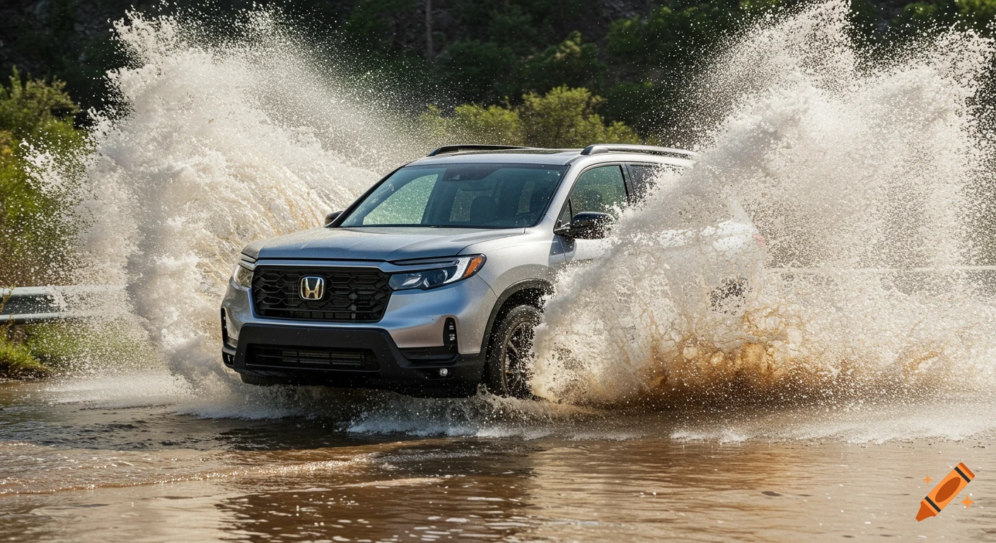 A silver SUV drives through a large splash of water. on Craiyon