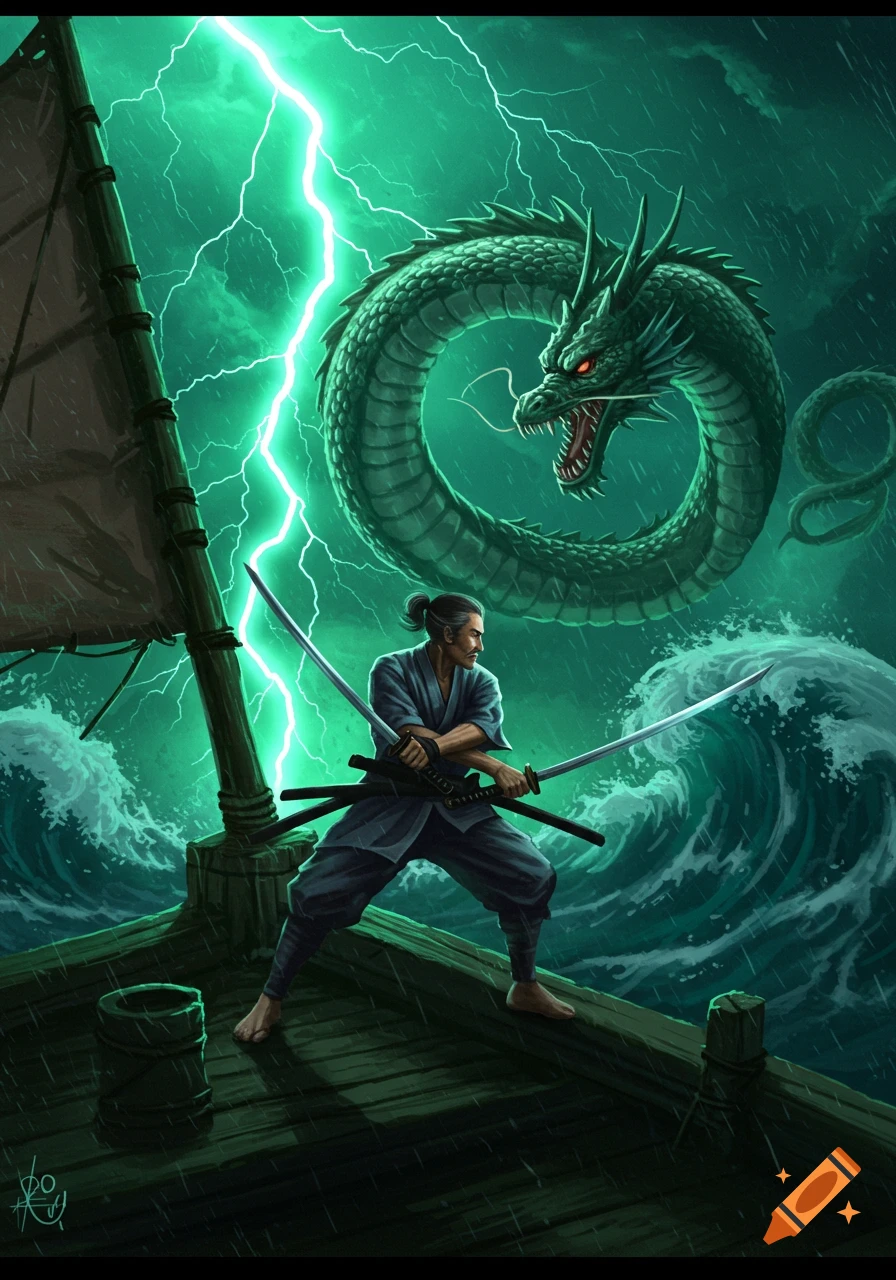 A samurai fights a sea dragon on a boat during a green lightning storm ...