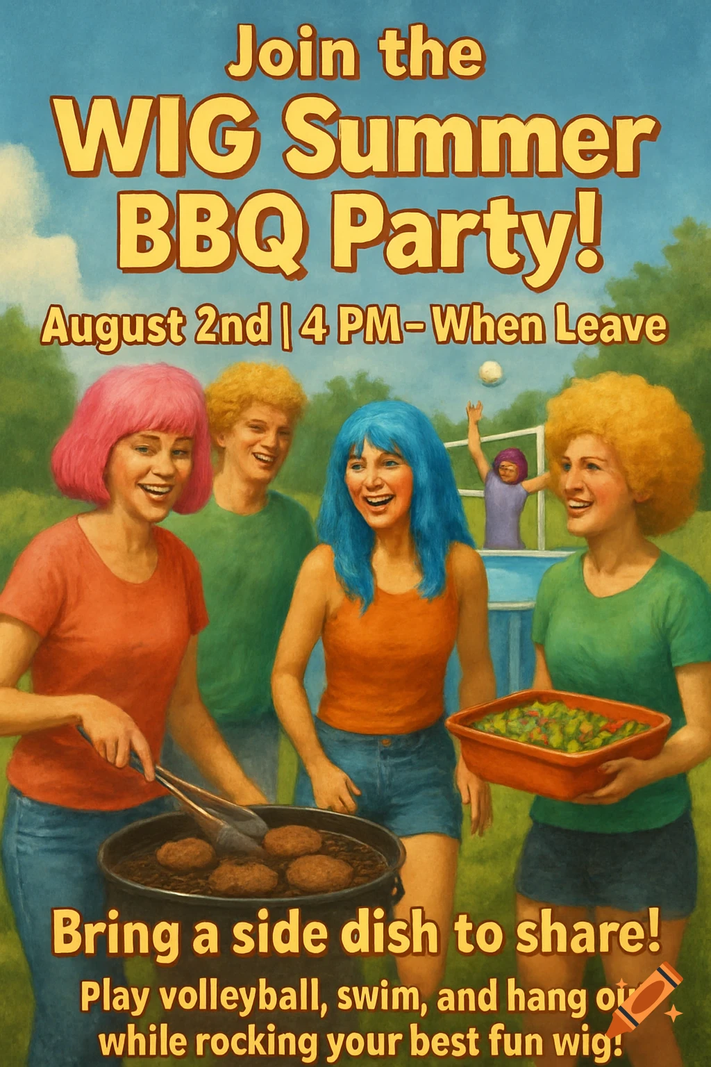 A group of people in colorful wigs have a summer BBQ party, grilling ...