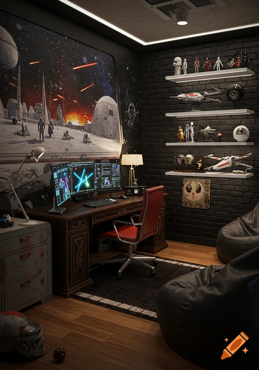 A Star Wars themed gaming room with a large mural, multiple monitors ...