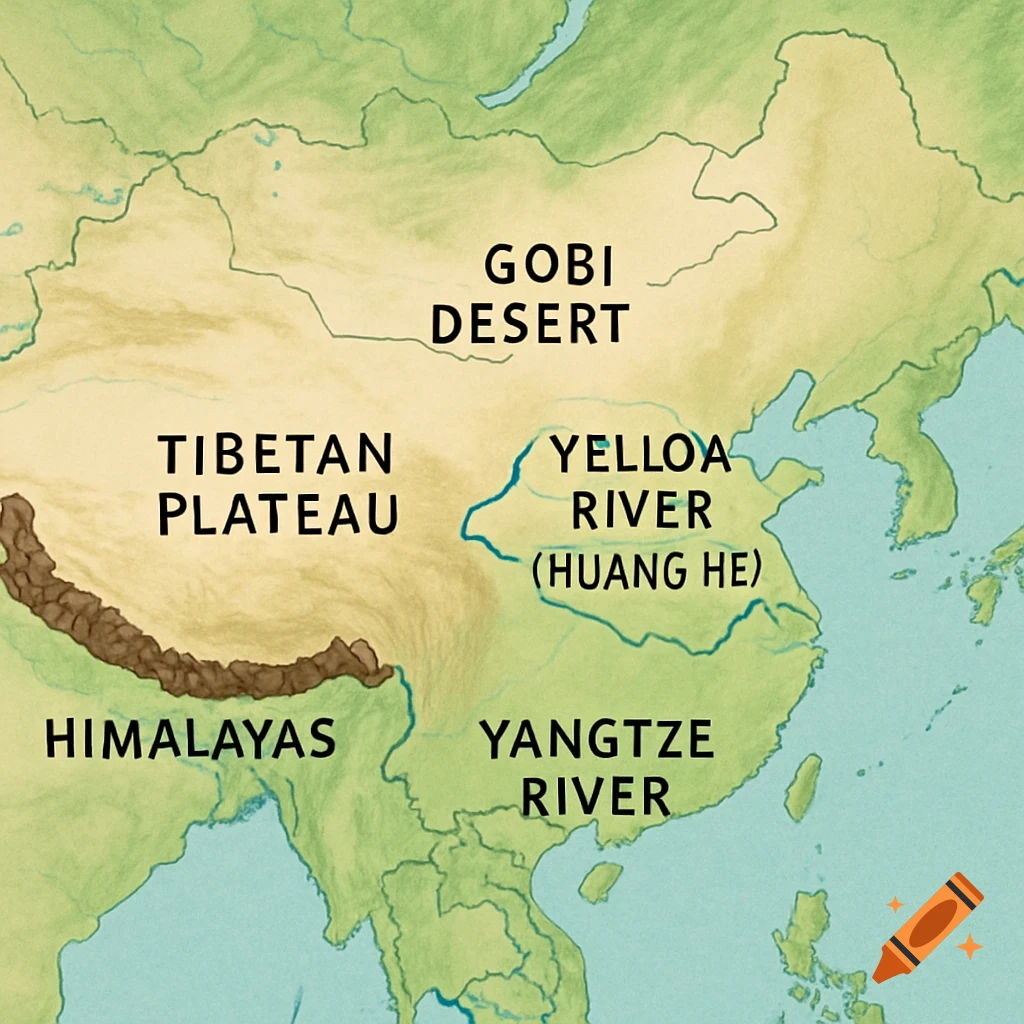 Illustrated map showing the Himalayas, Tibetan Plateau, Gobi Desert, Yellow River, and Yangtze ...