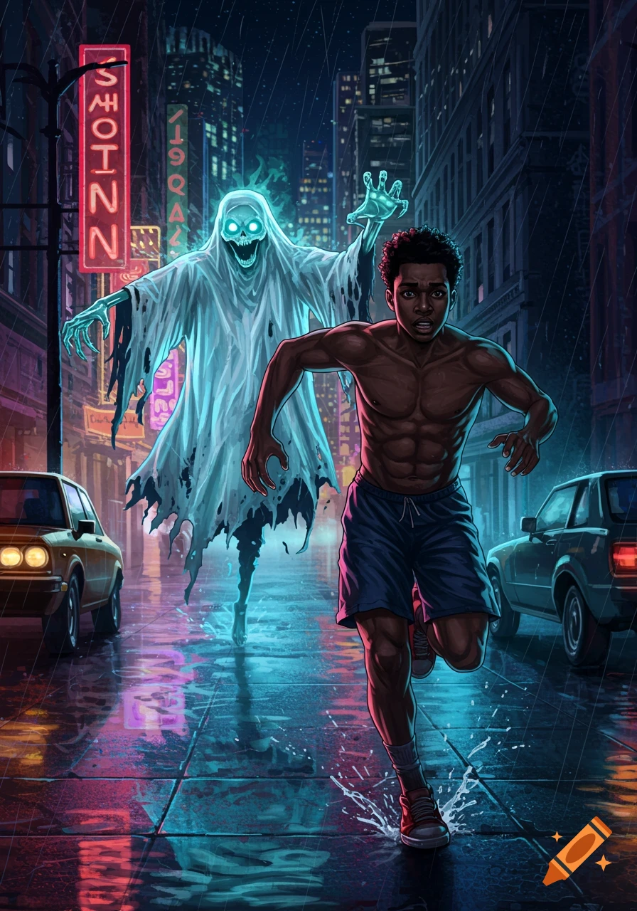 Digital illustration of an African American man running from a scary ...