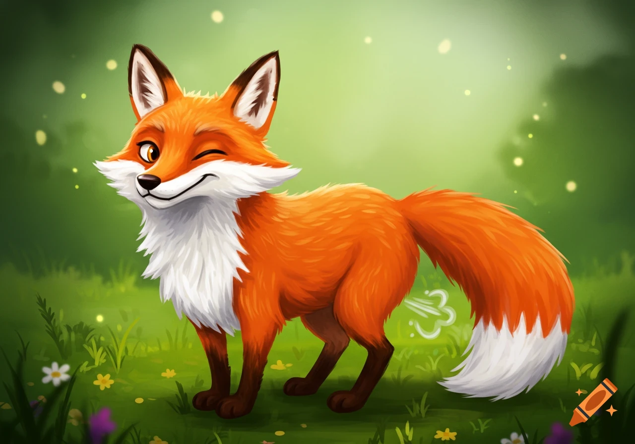 A cartoon fox winks and farts in a grassy field with glowing fireflies ...