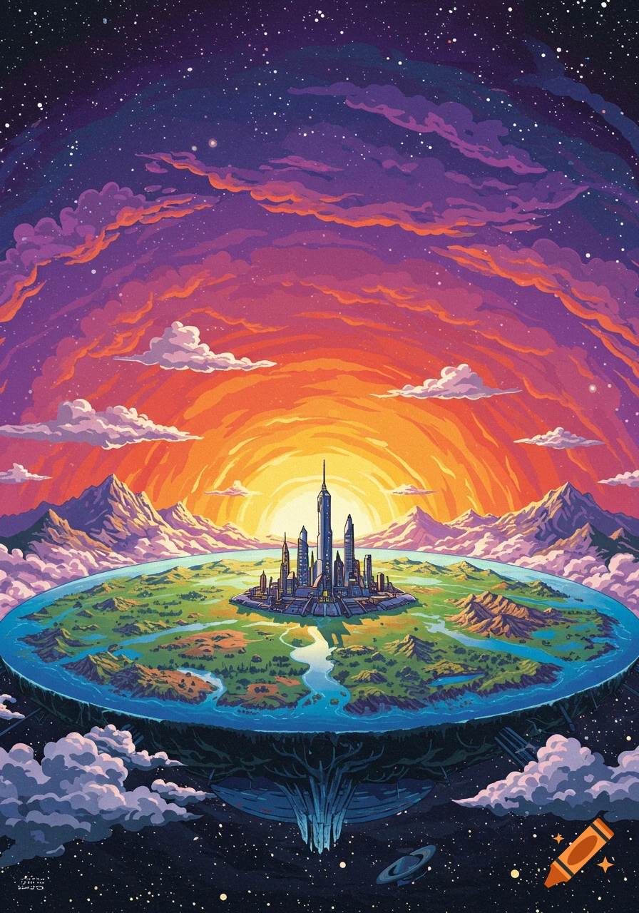 Futuristic city on a flat disc world floating in space at sunset, stylized art. on Craiyon