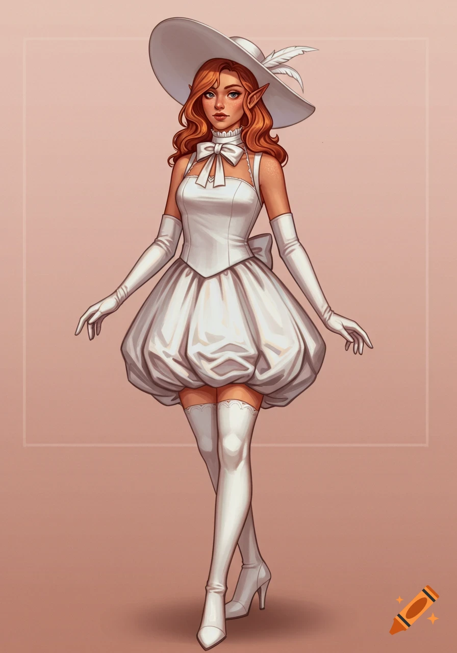 A ginger elf woman in a white Victorian-style dress, wide-brimmed hat ...