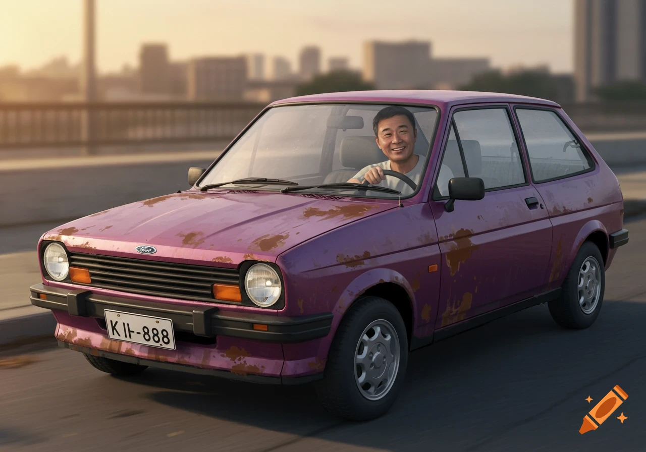 A man smiles while driving a rusty purple Ford Fiesta on a road. on Craiyon