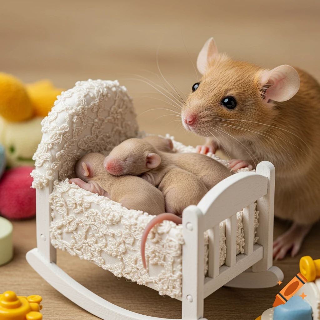 A mother mouse looks over baby mice sleeping in a tiny white rocking ...