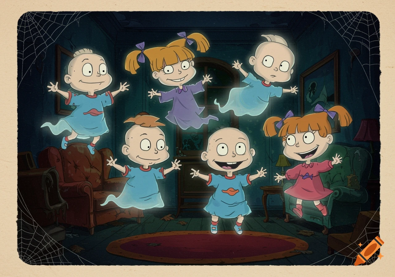 Rugrats babies float as ghosts in a spooky room with spiderwebs. on Craiyon
