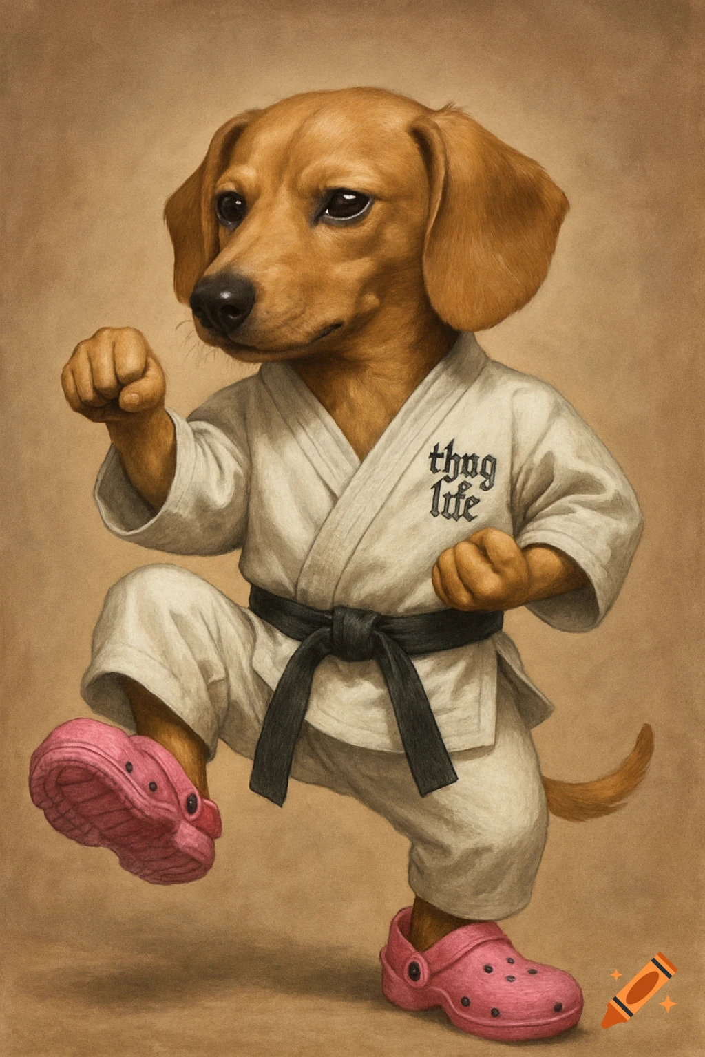 Realistic painting of a Dachshund dog in a karate gi with a black belt ...