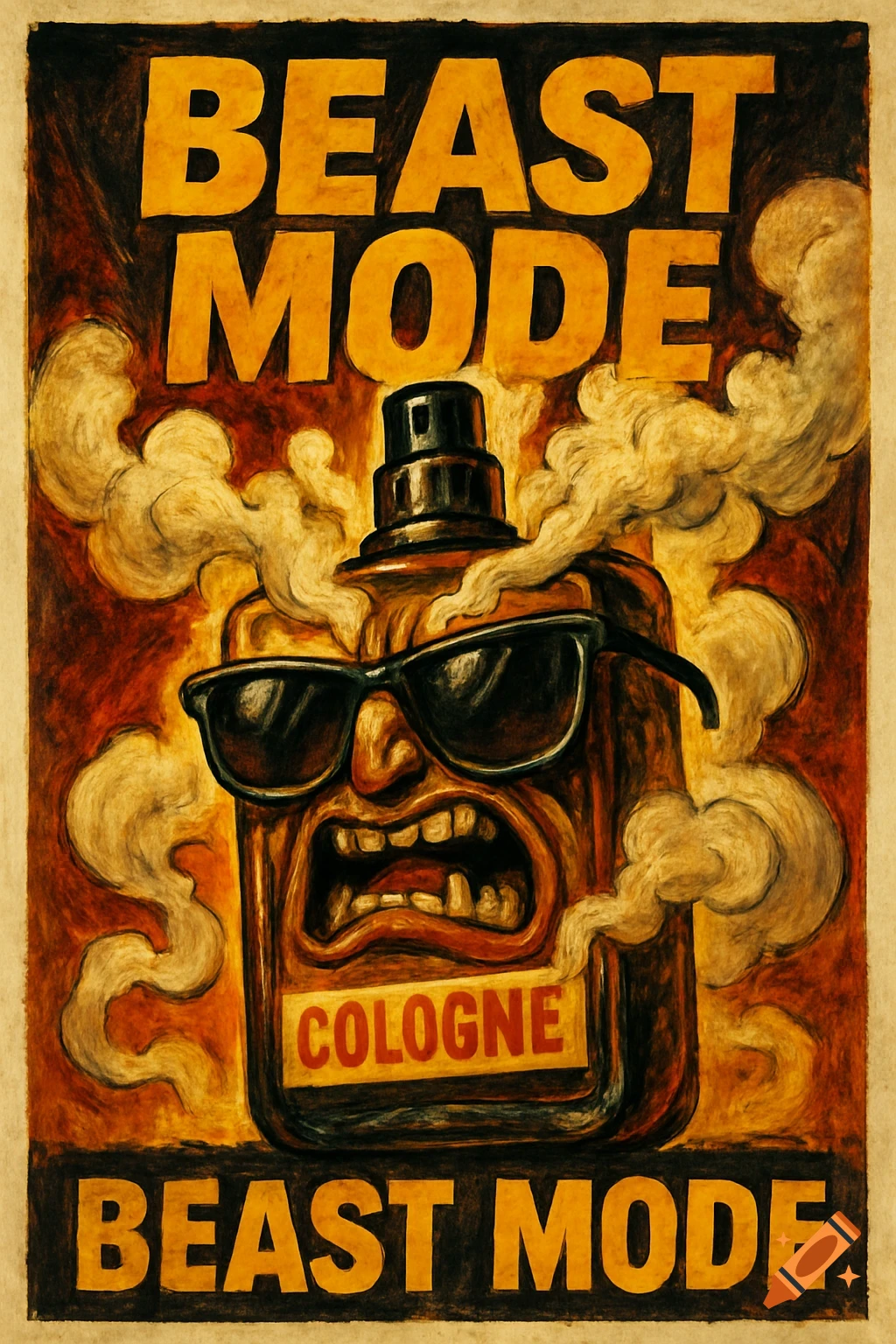 A poster for Beast Mode cologne featuring a scary bottle mascot with ...