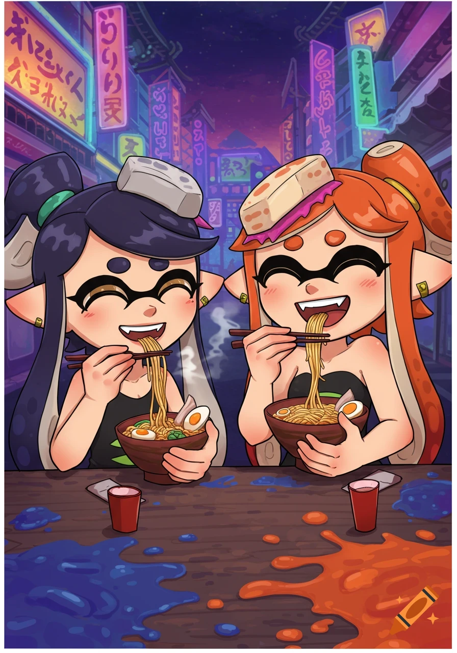 Cartoon of two Splatoon characters eating ramen noodles at a table with ...