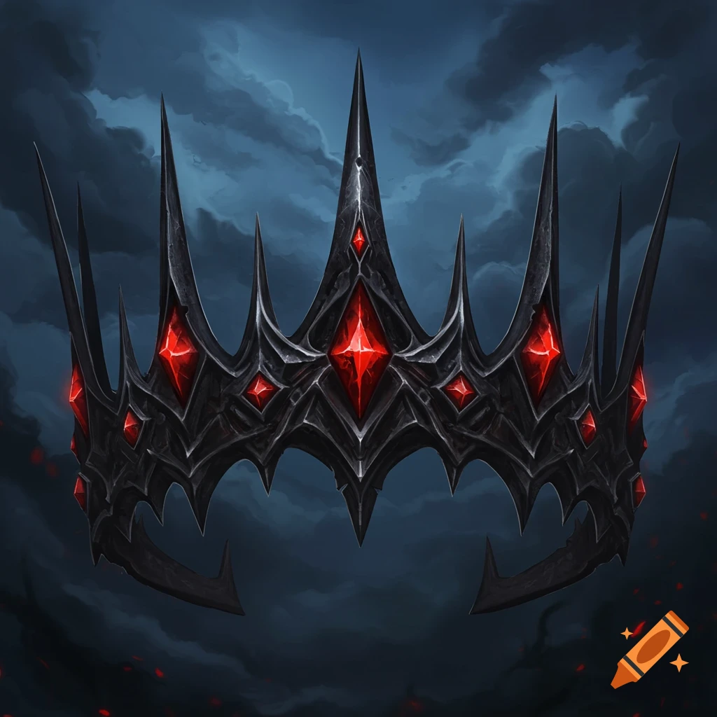 A dark fantasy crown with red gems against a stormy sky. on Craiyon