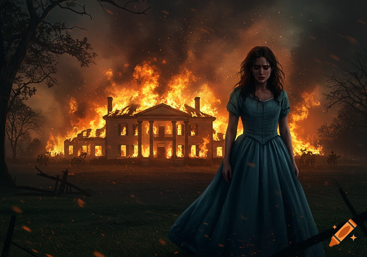 Crying woman in blue dress stands before a large plantation house ...