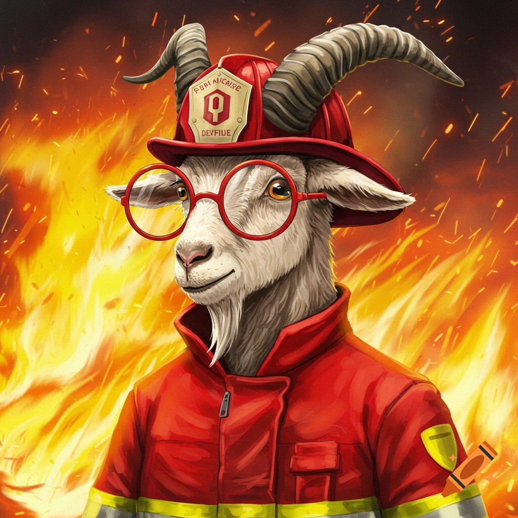 A goat wearing glasses and firefighter gear stands in front of flames ...