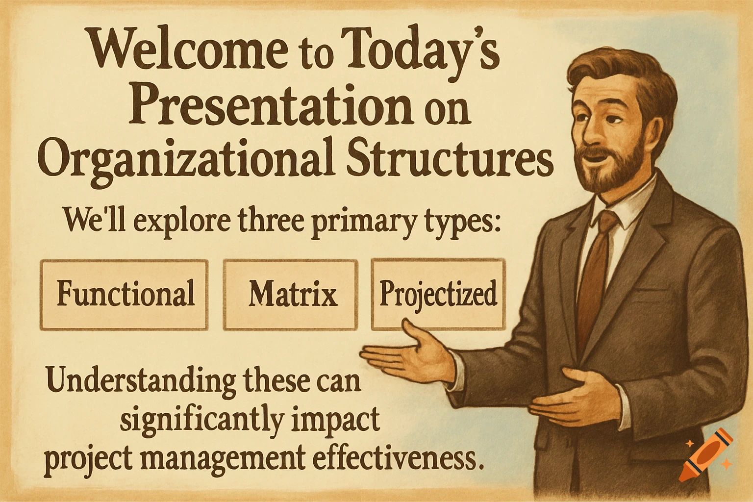 Illustration of a man presenting text about organizational structures ...