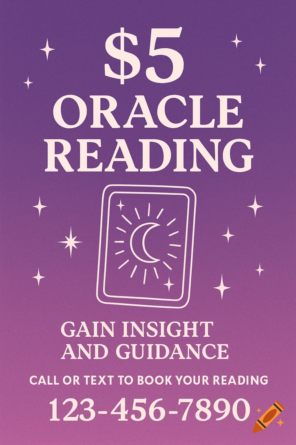 Purple and pink flyer advertising a $5 oracle reading with text and a ...