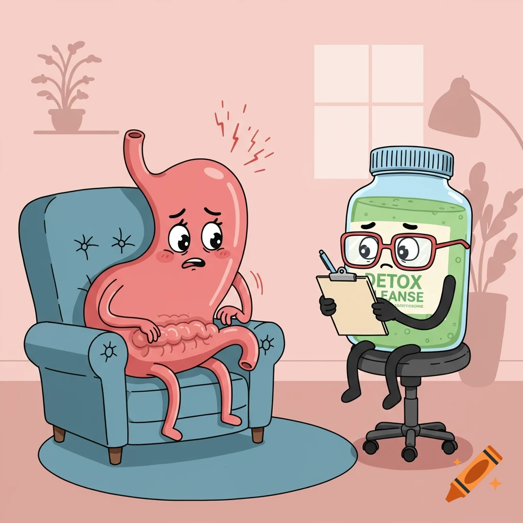 A cartoon stomach sits in a therapy chair talking to a cartoon detox ...