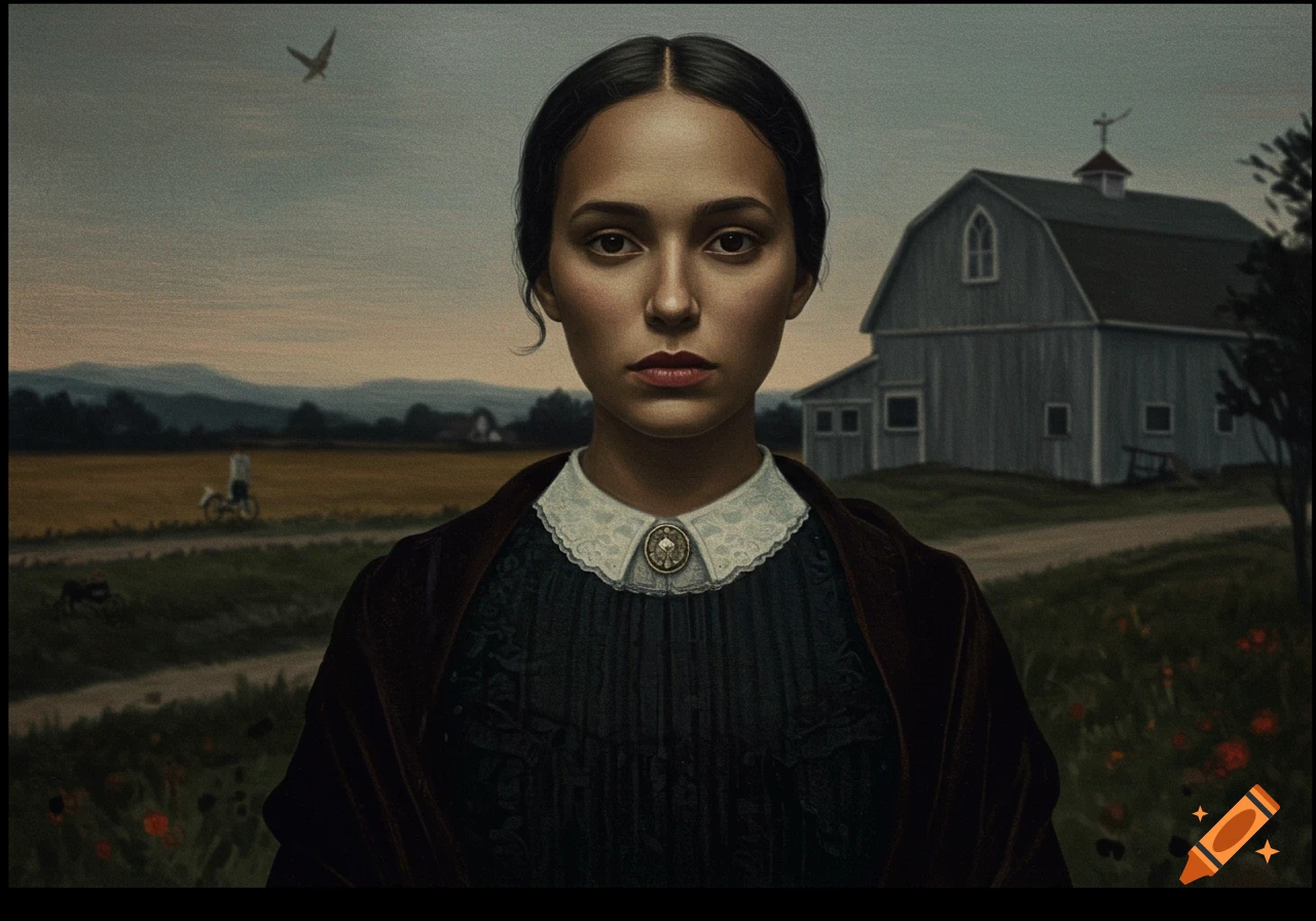 Portrait painting of a stern woman in a rural setting with a barn. on ...