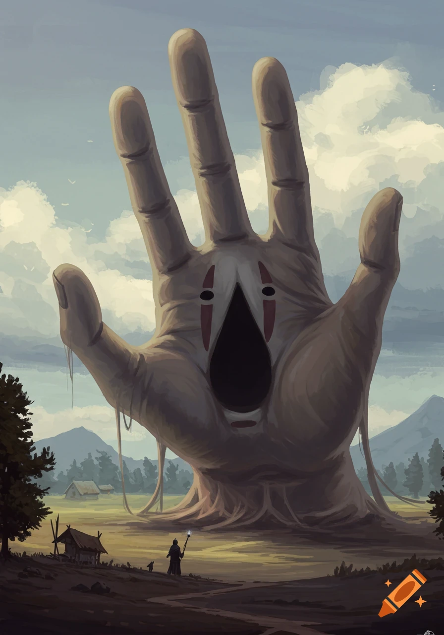 Giant hand with a mask face rising from the ground in a landscape with ...