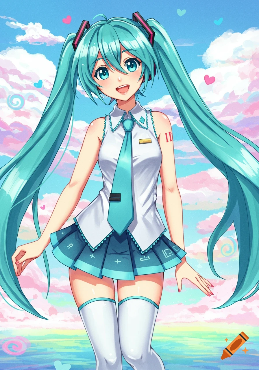 Full body anime illustration of Hatsune Miku in her uniform with twin ...