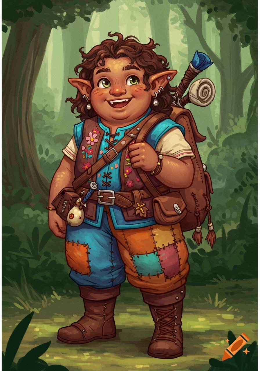 Illustration of a cheerful halfling character with a backpack in a ...