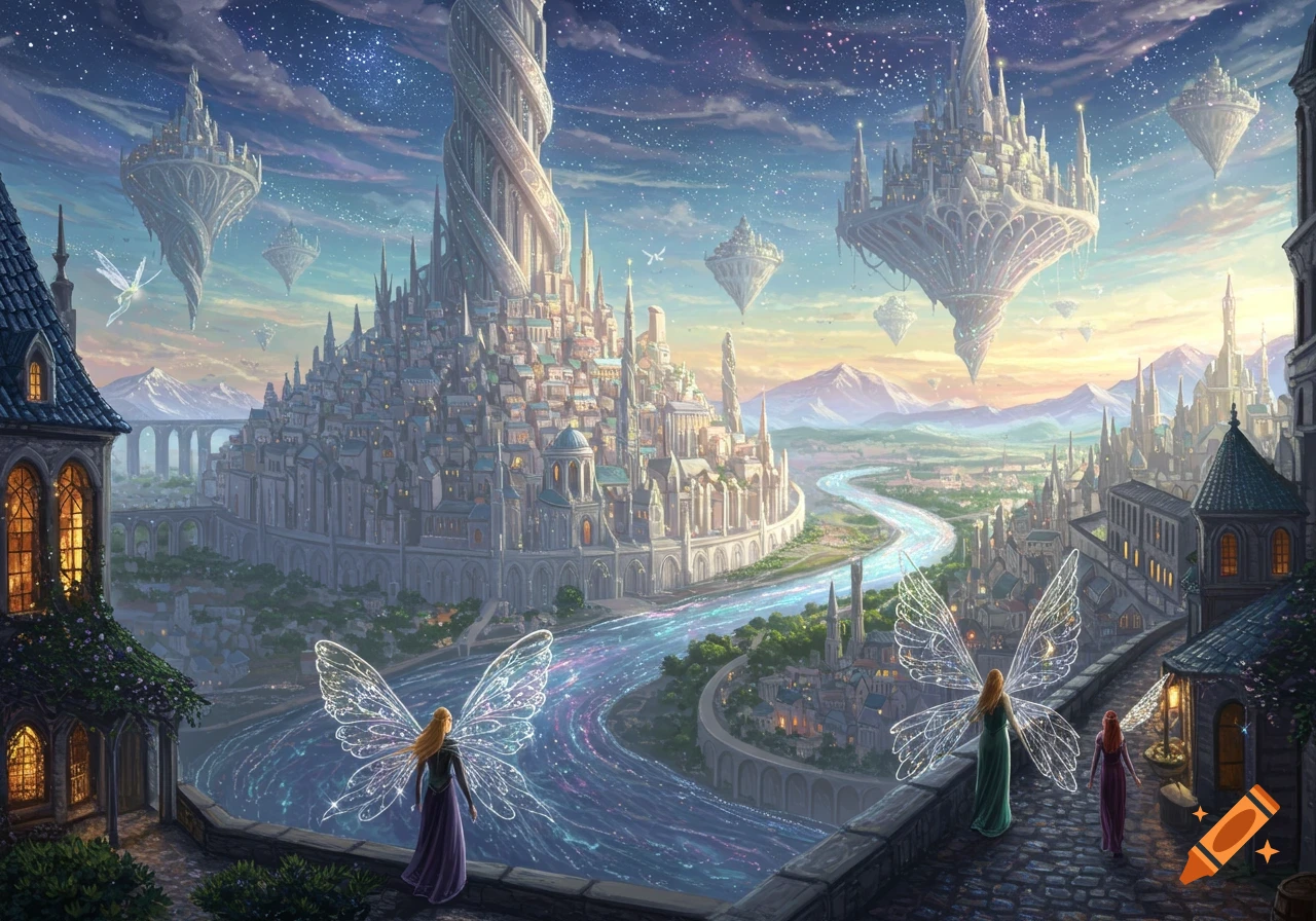 Grand fantasy city built on a spiral tower by a river, with floating ...