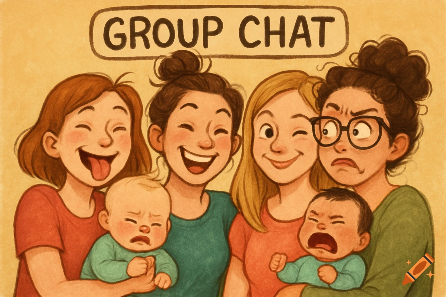 Illustration of women and babies with the text GROUP CHAT on Craiyon