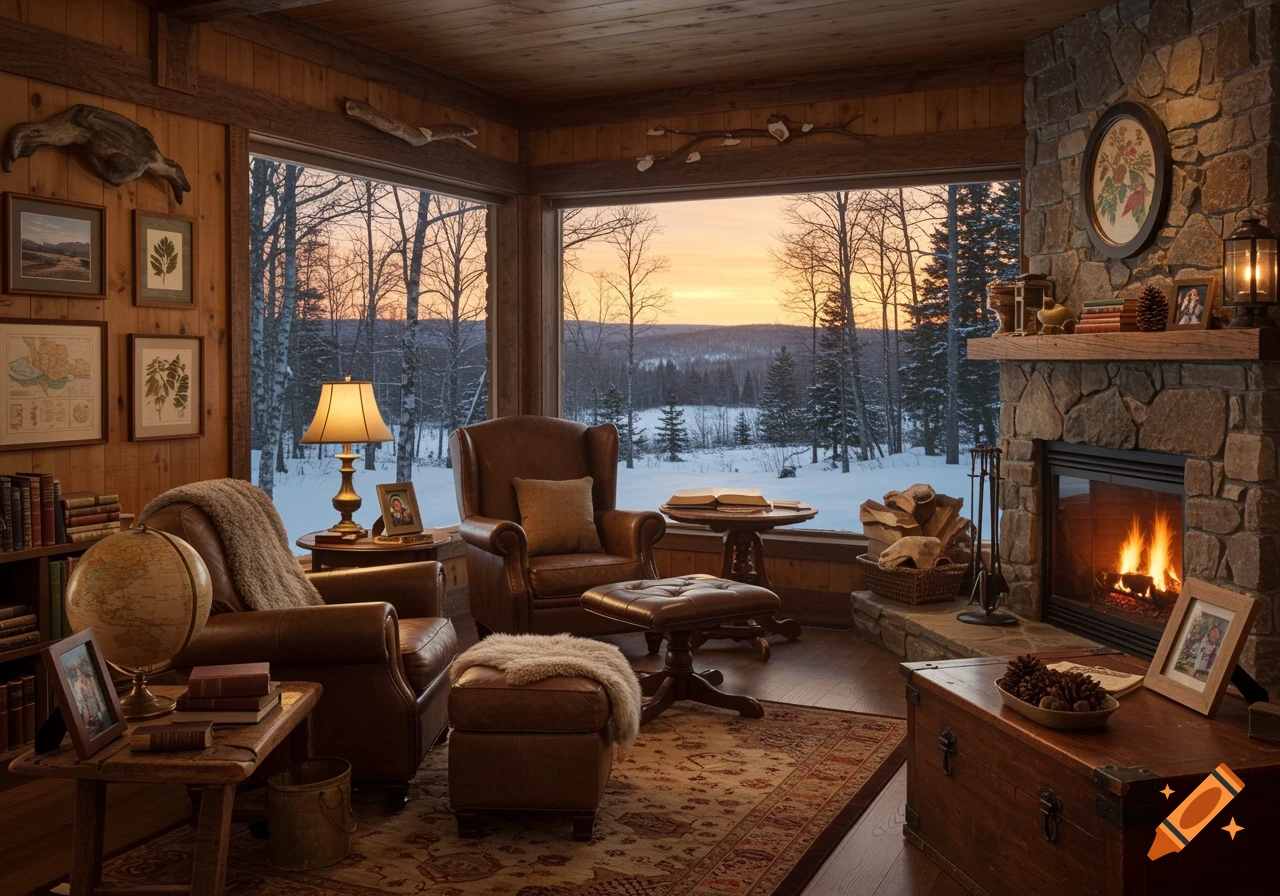 Cozy study room with fireplace and large windows overlooking a snowy ...