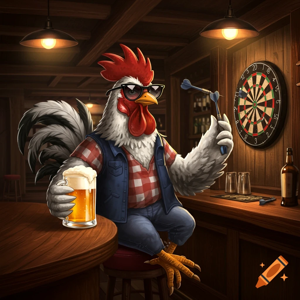 A cartoon rooster wearing sunglasses and a vest plays darts and drinks a beer in a bar. on Craiyon