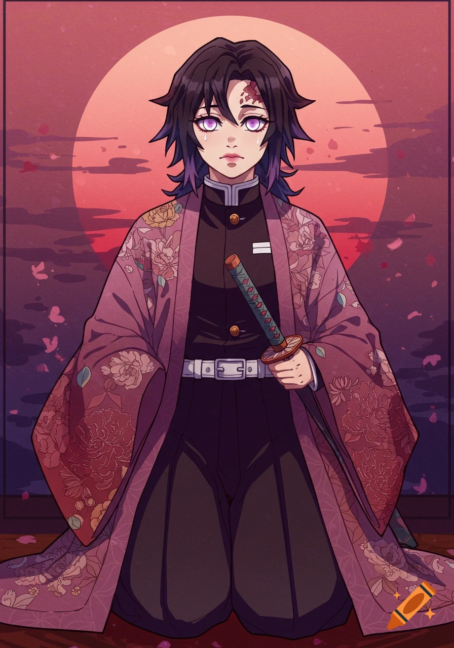 Anime character kneeling, holding a sword, in a Demon Slayer uniform ...