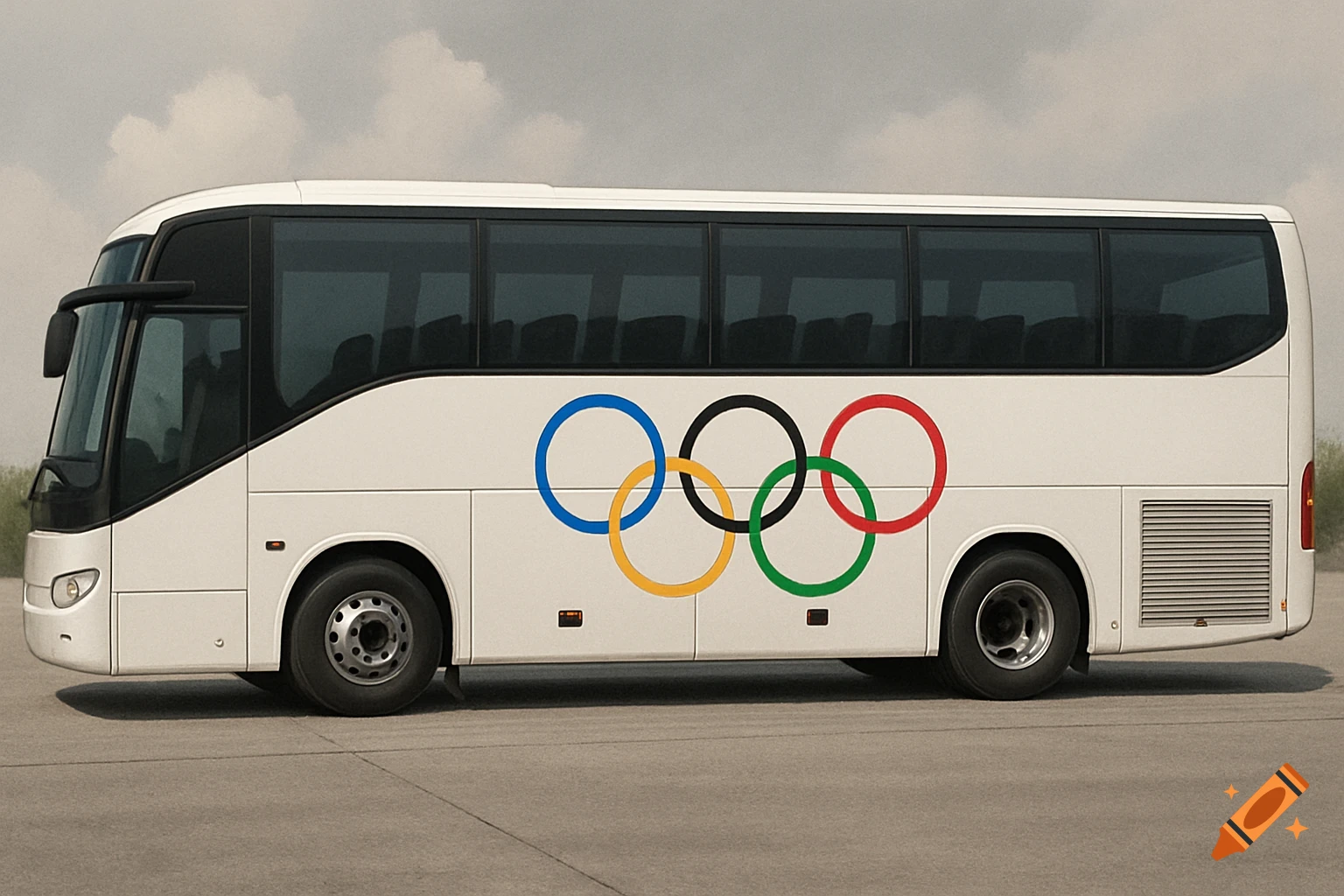 A white charter bus with the Olympic Rings logo on its side, parked ...