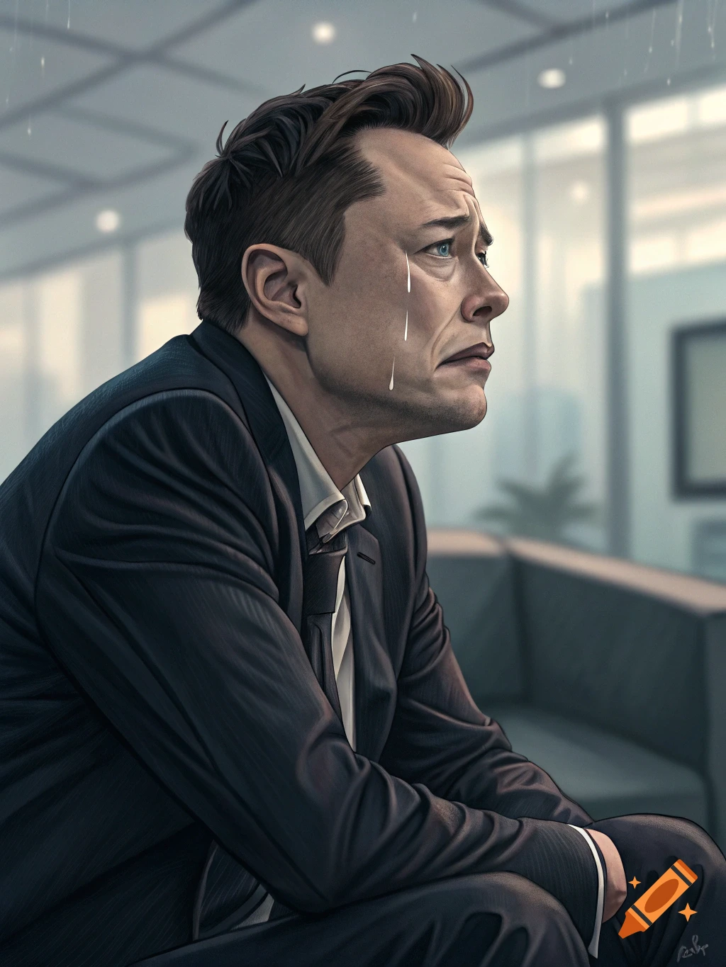 Realistic portrait illustration of a man resembling Elon Musk crying ...