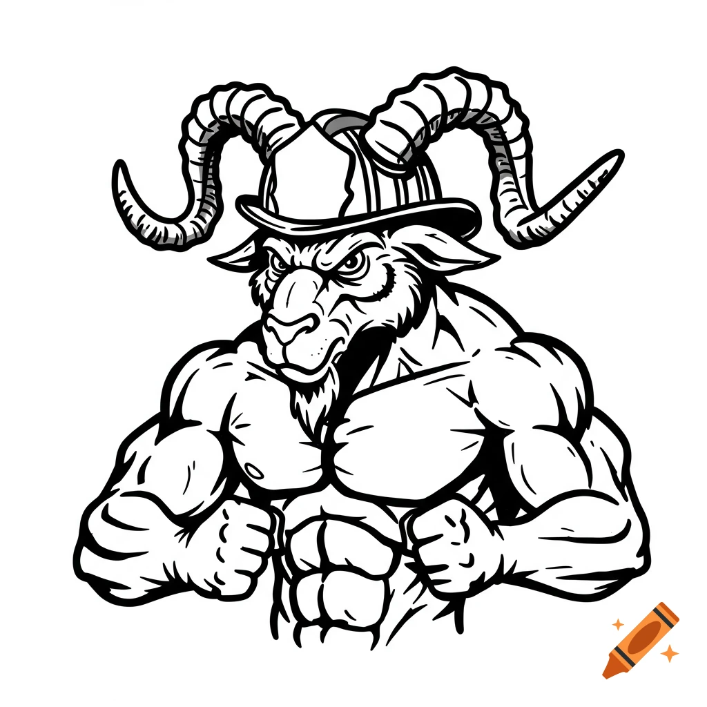 A black and white cartoon illustration of a muscular goat wearing a ...