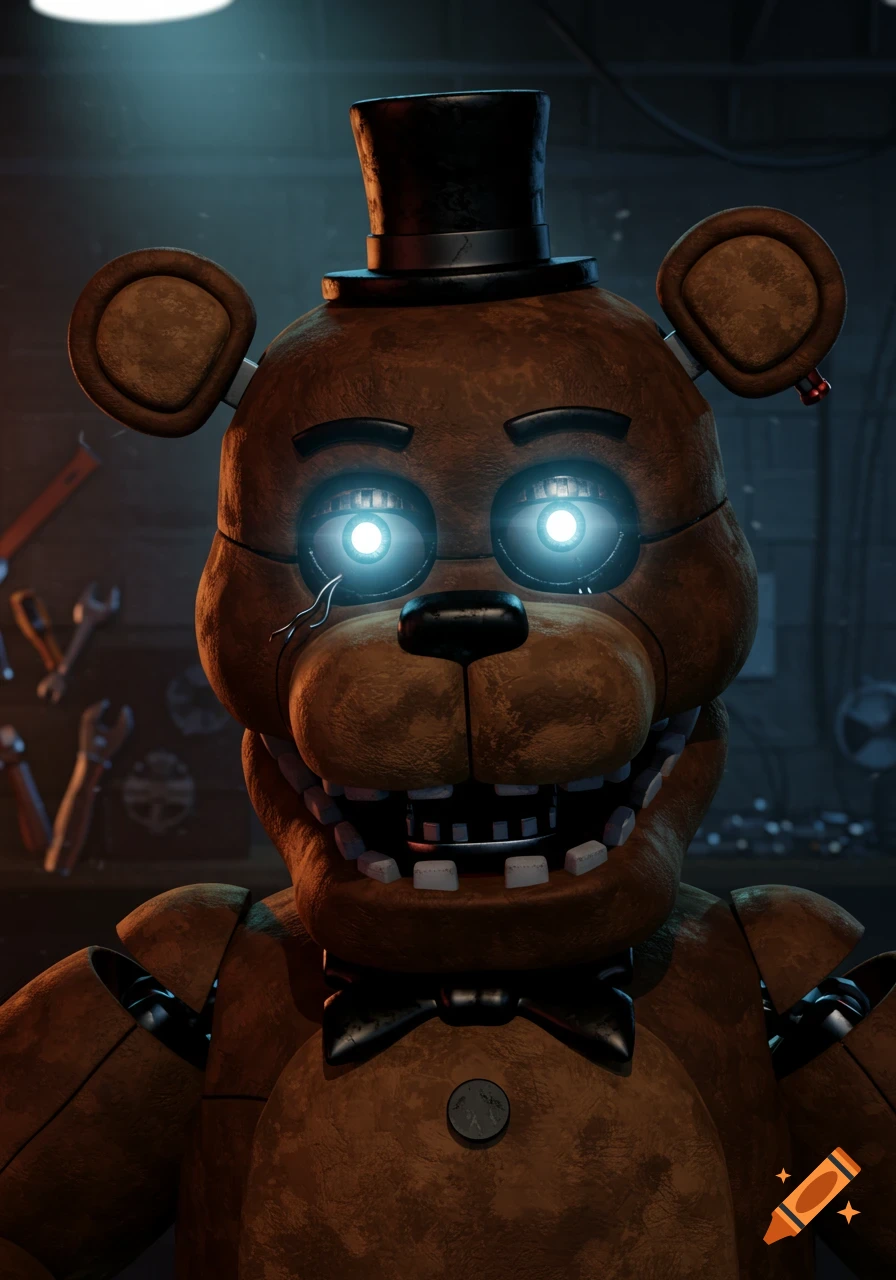 Close-up of Freddy Fazbear, a brown animatronic bear with glowing blue ...