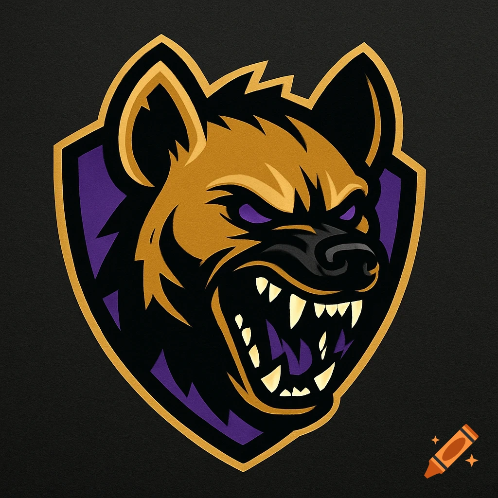 An aggressive stylized logo of a hyena head with glowing purple eyes ...