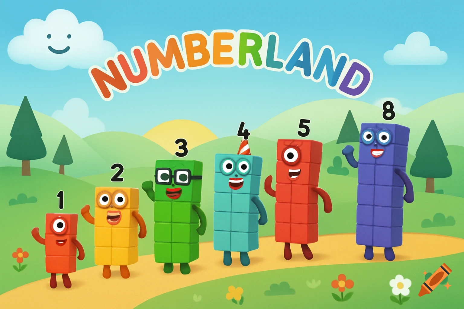 Colorful number block characters stand in a sunny landscape with the ...