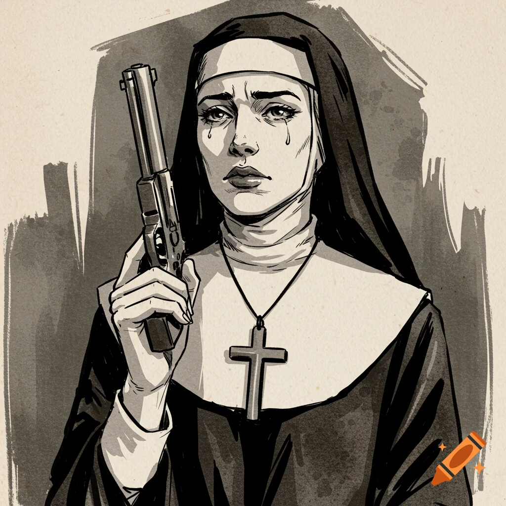 Ink illustration of a crying nun holding a handgun. on Craiyon