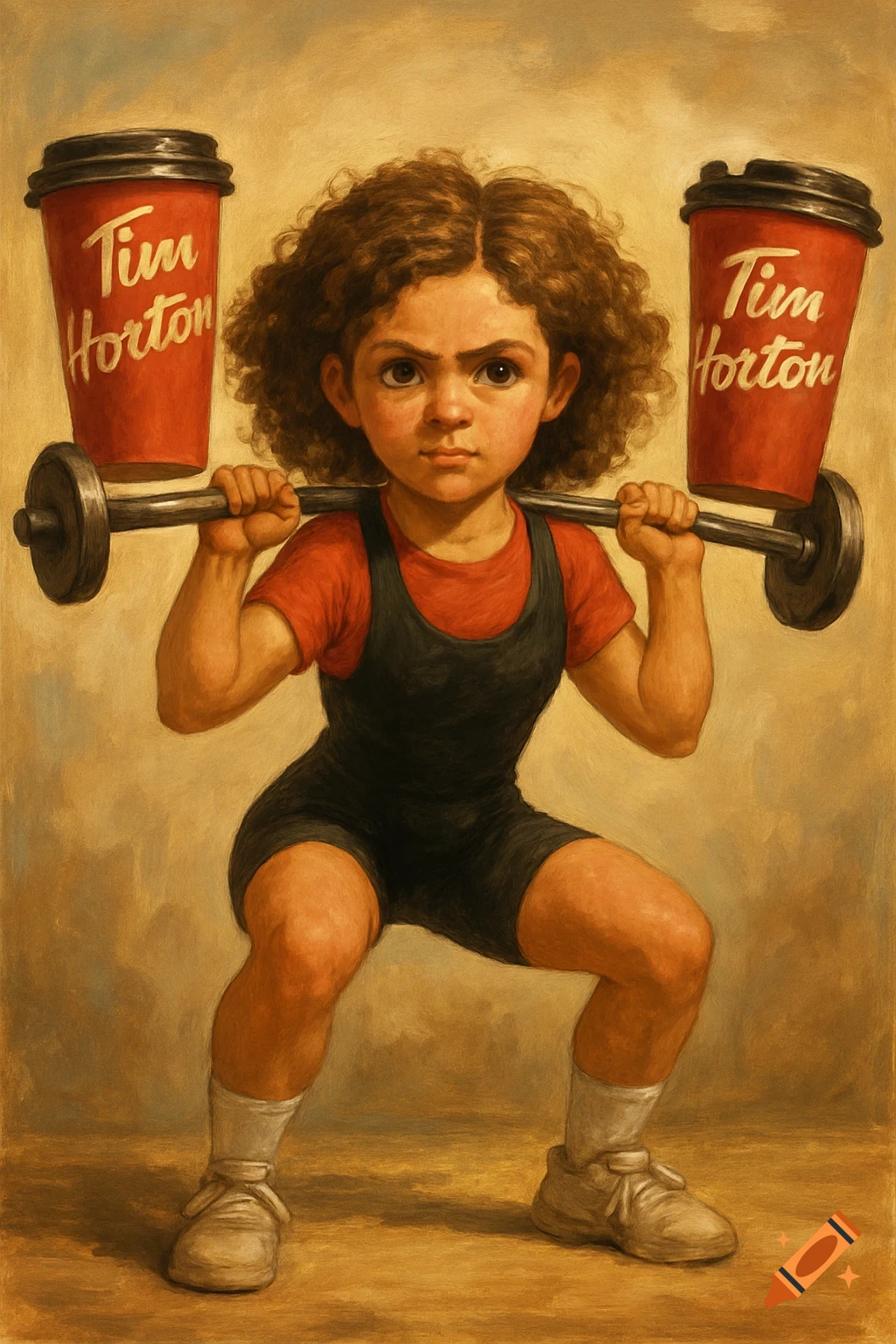 Illustration of a child powerlifting a barbell with Tim Hortons coffee ...