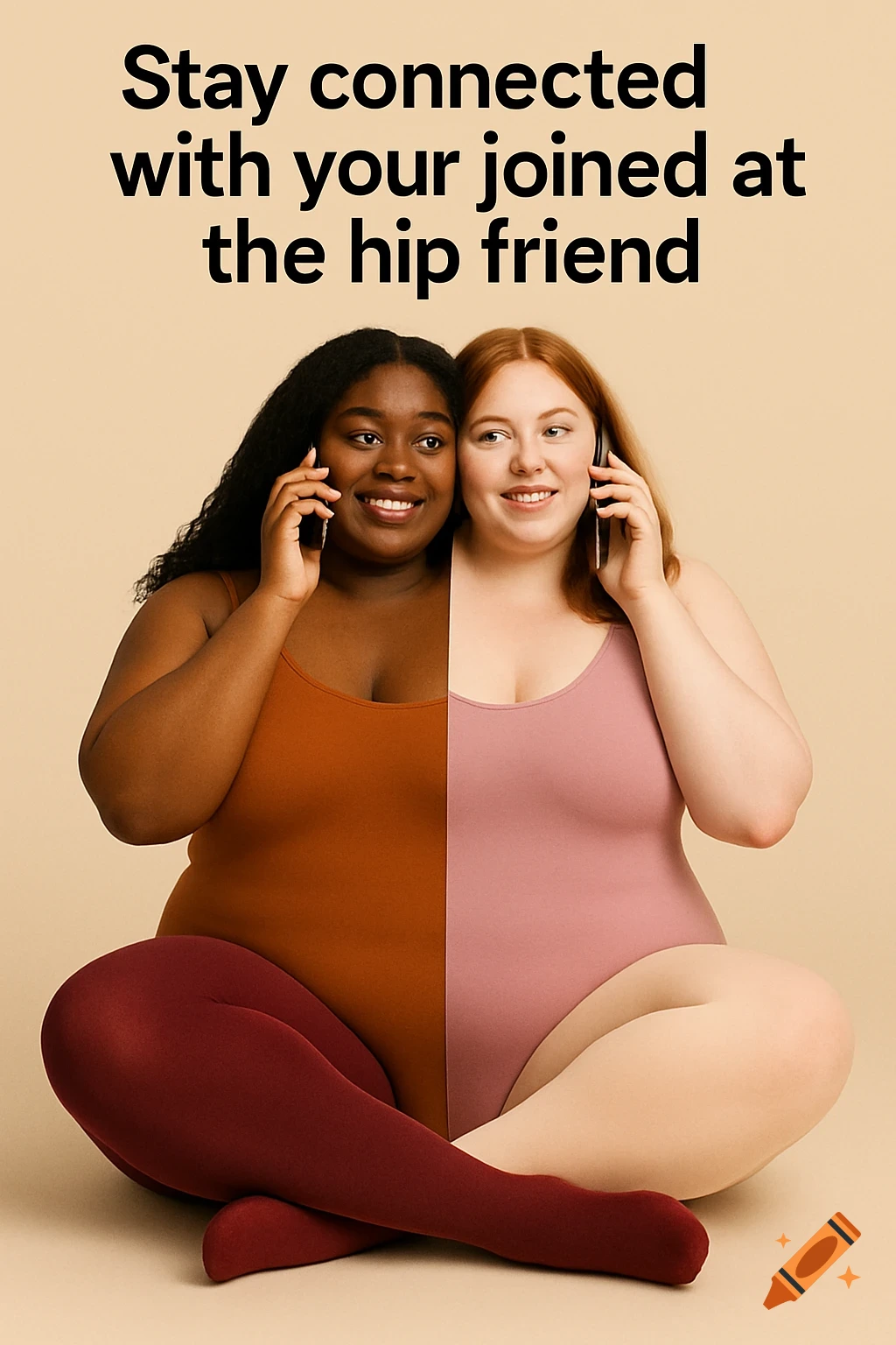 Two women merged into one body talking on phones with text overlay. on ...