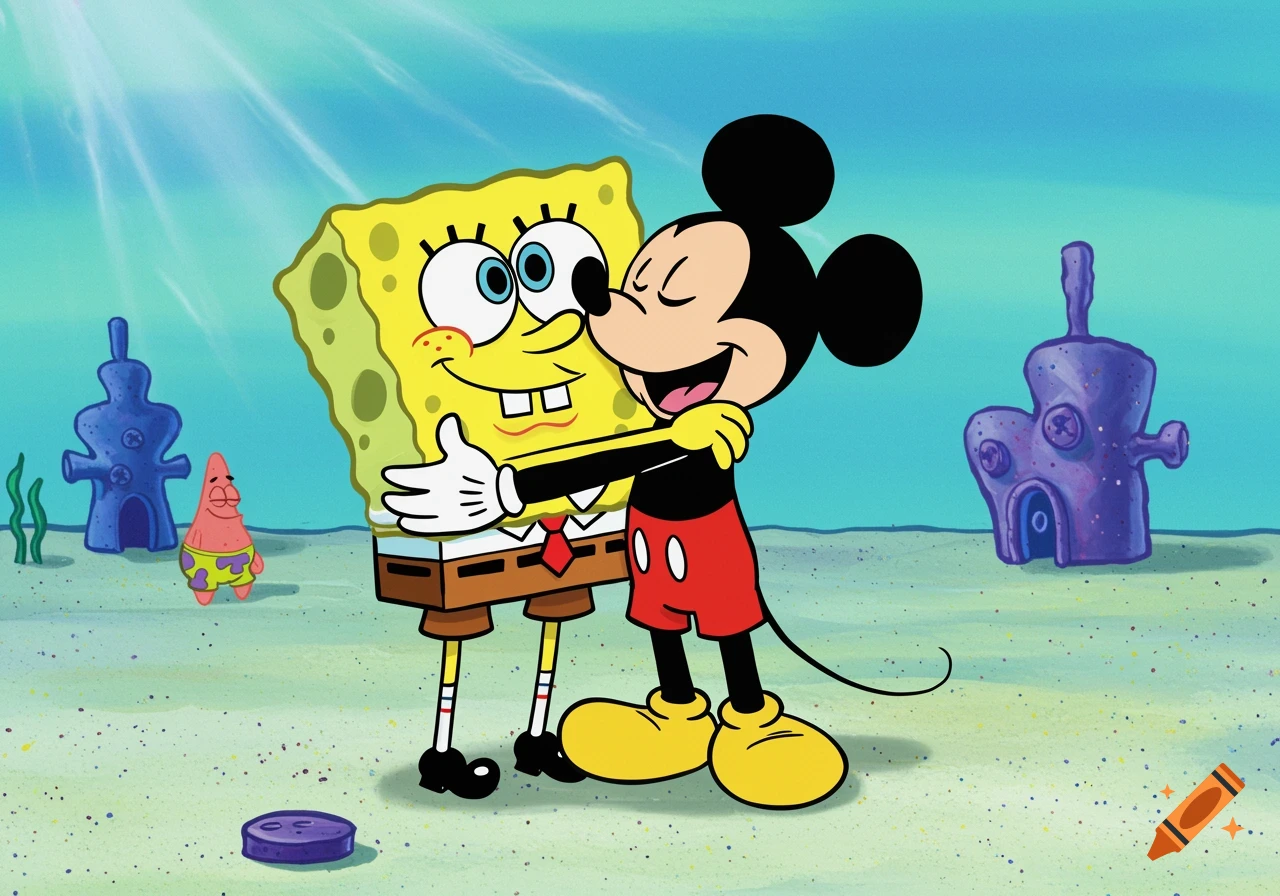 Spongebob and Mickey Mouse hugging underwater in cartoon style on Craiyon